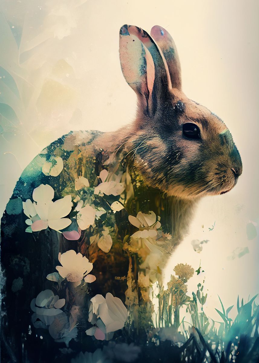'Rabbit Flowers' Poster, picture, metal print, paint by DecoyDesign ...