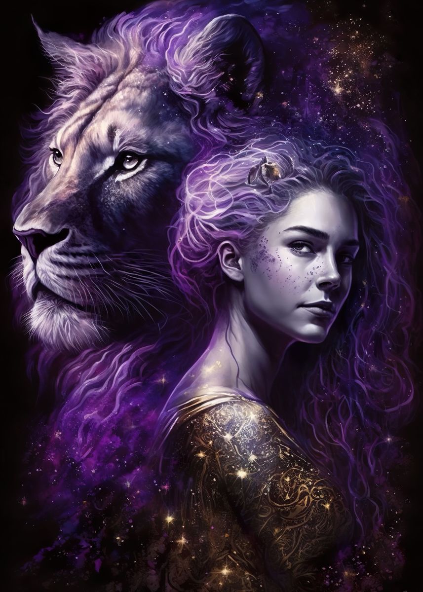 'Purple Lion and Woman' Poster, picture, metal print, paint by ...