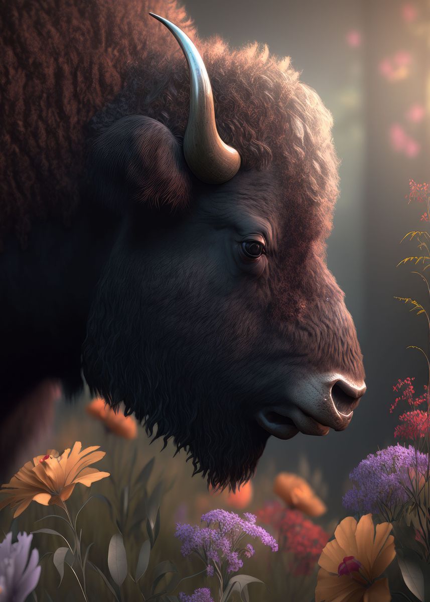 'Bison with Flowers Field' Poster, picture, metal print, paint by Zenja ...