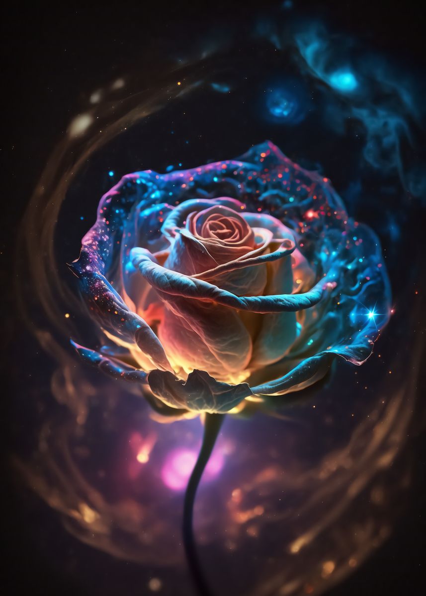 'Galactic Bloom Rose' Poster, picture, metal print, paint by Pixaverse | Displate