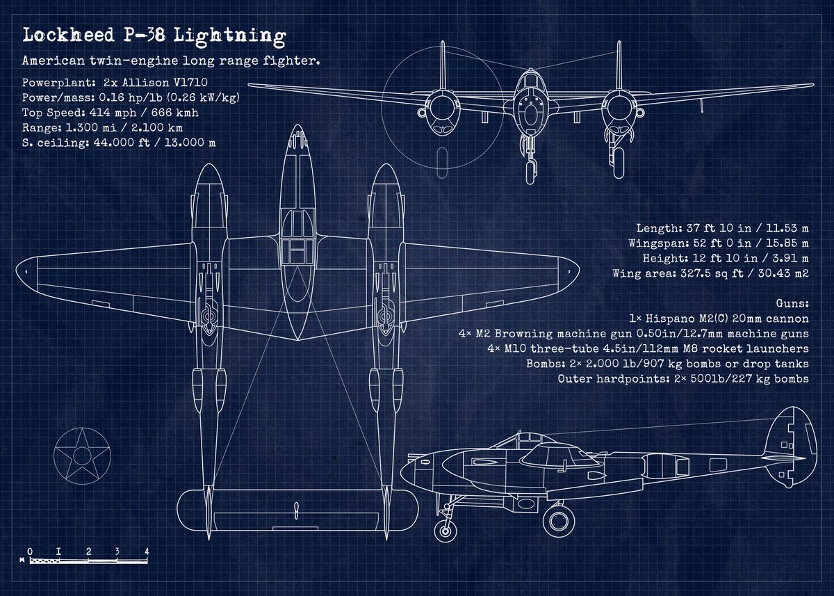 'P38 Lightning Blueprint' Poster by AirCraft Lover | Displate