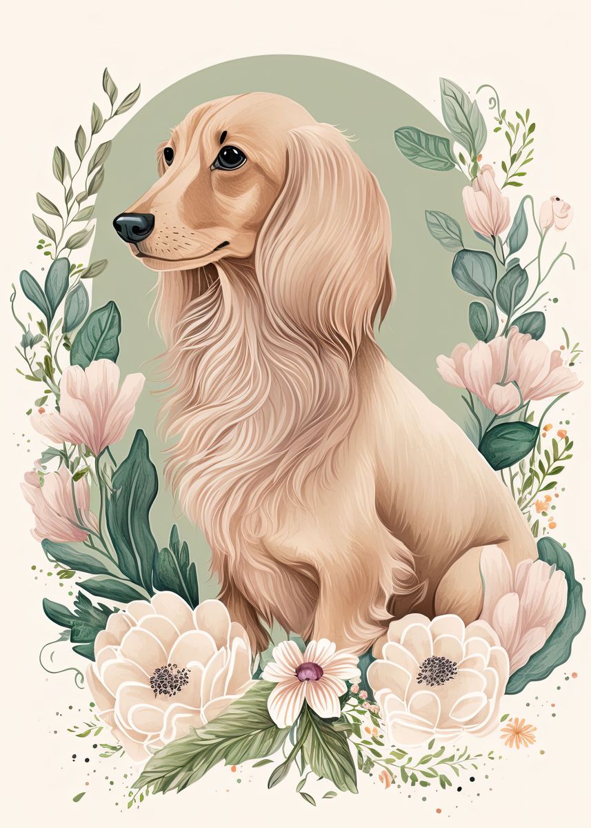 'Dachshund Floral Portrait' Poster, picture, metal print, paint by PetPrints | Displate