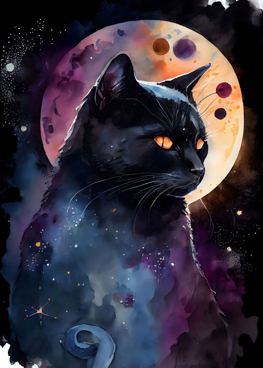 'A Lunar Black Cat' Poster, picture, metal print, paint by Ali Ch | Displate