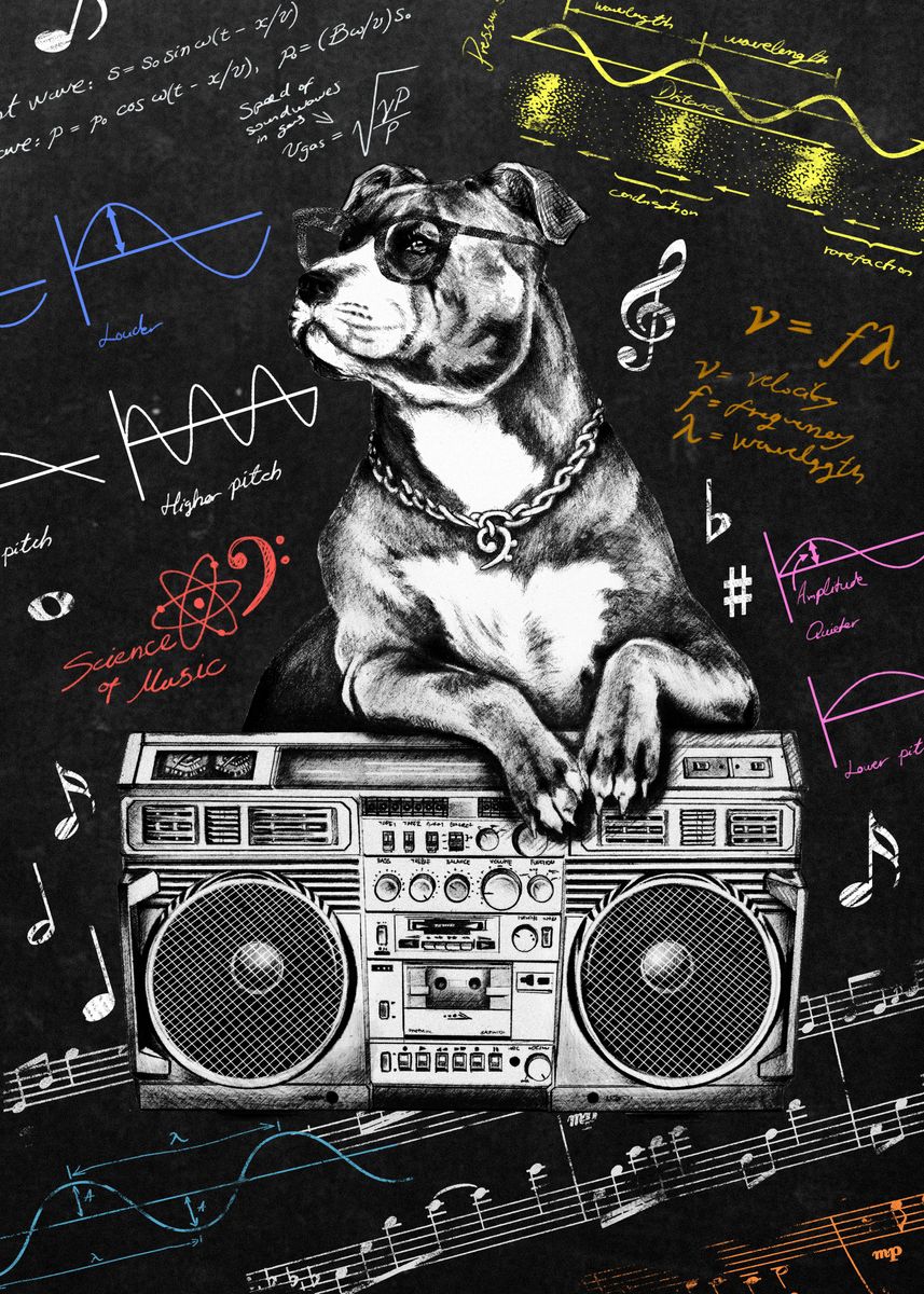 'Music Science Dog B' Poster, picture, metal print, paint by Hris Rizz ...