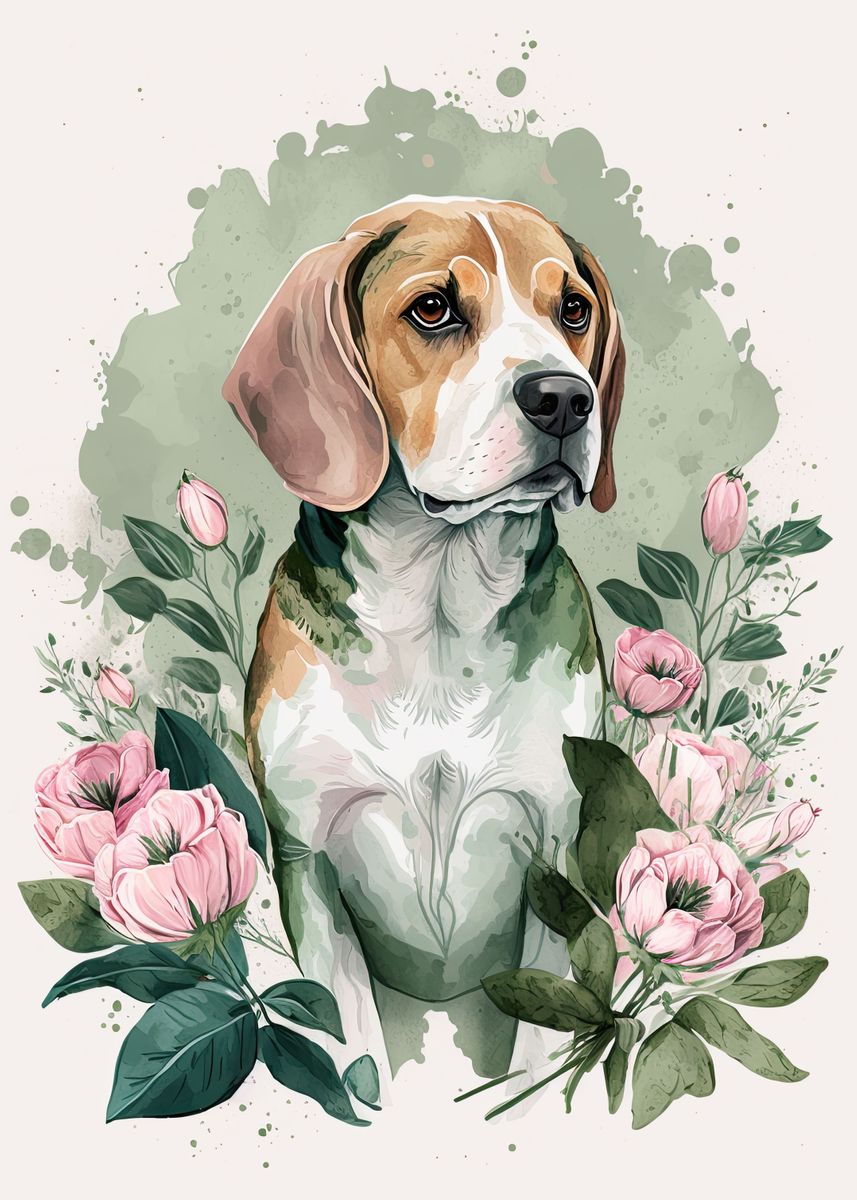 'Beagle Floral Portrait ' Poster, picture, metal print, paint by PetPrints | Displate