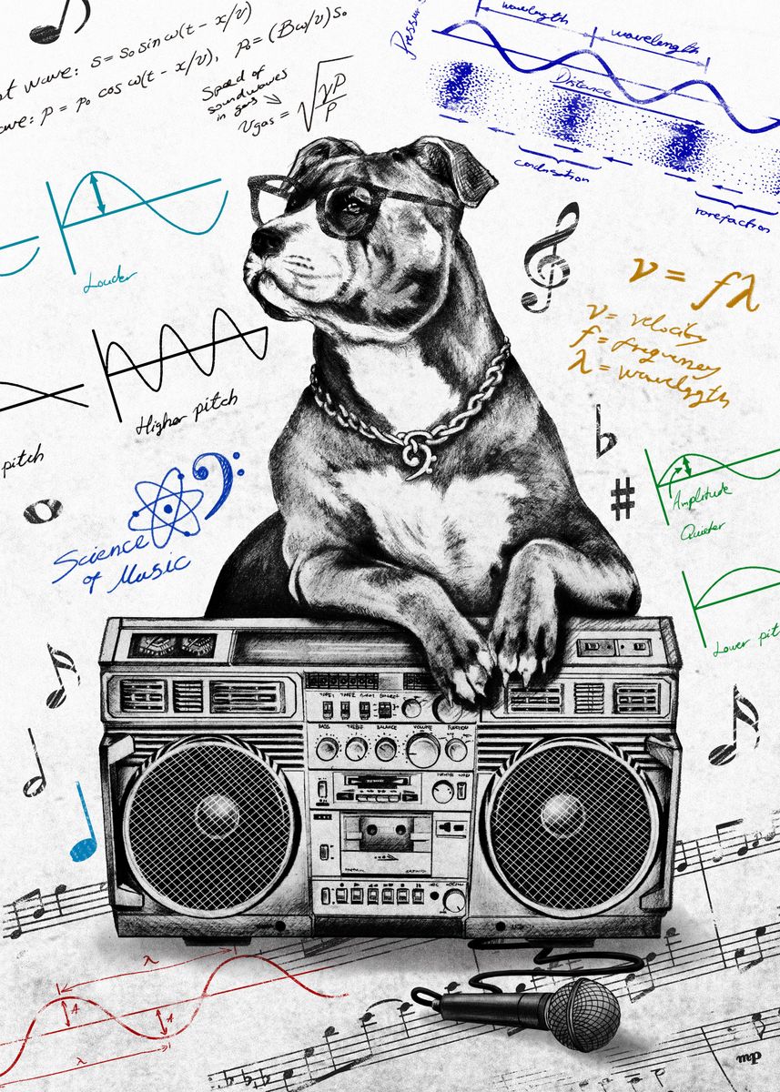 'Music Science Dog W' Poster, picture, metal print, paint by Hris Rizz ...