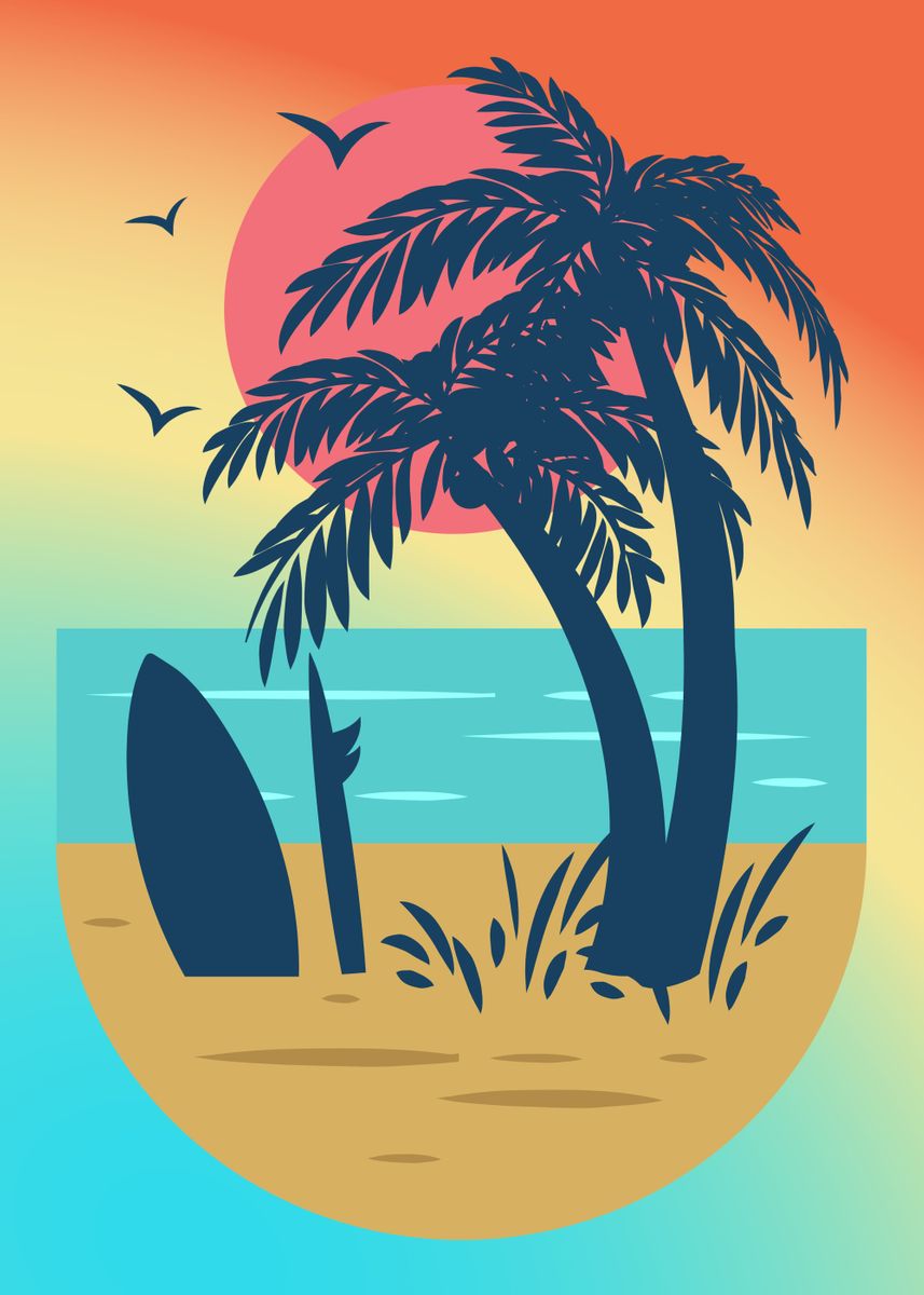 'Surfing Beach Sunset' Poster, picture, metal print, paint by NIZAM ...