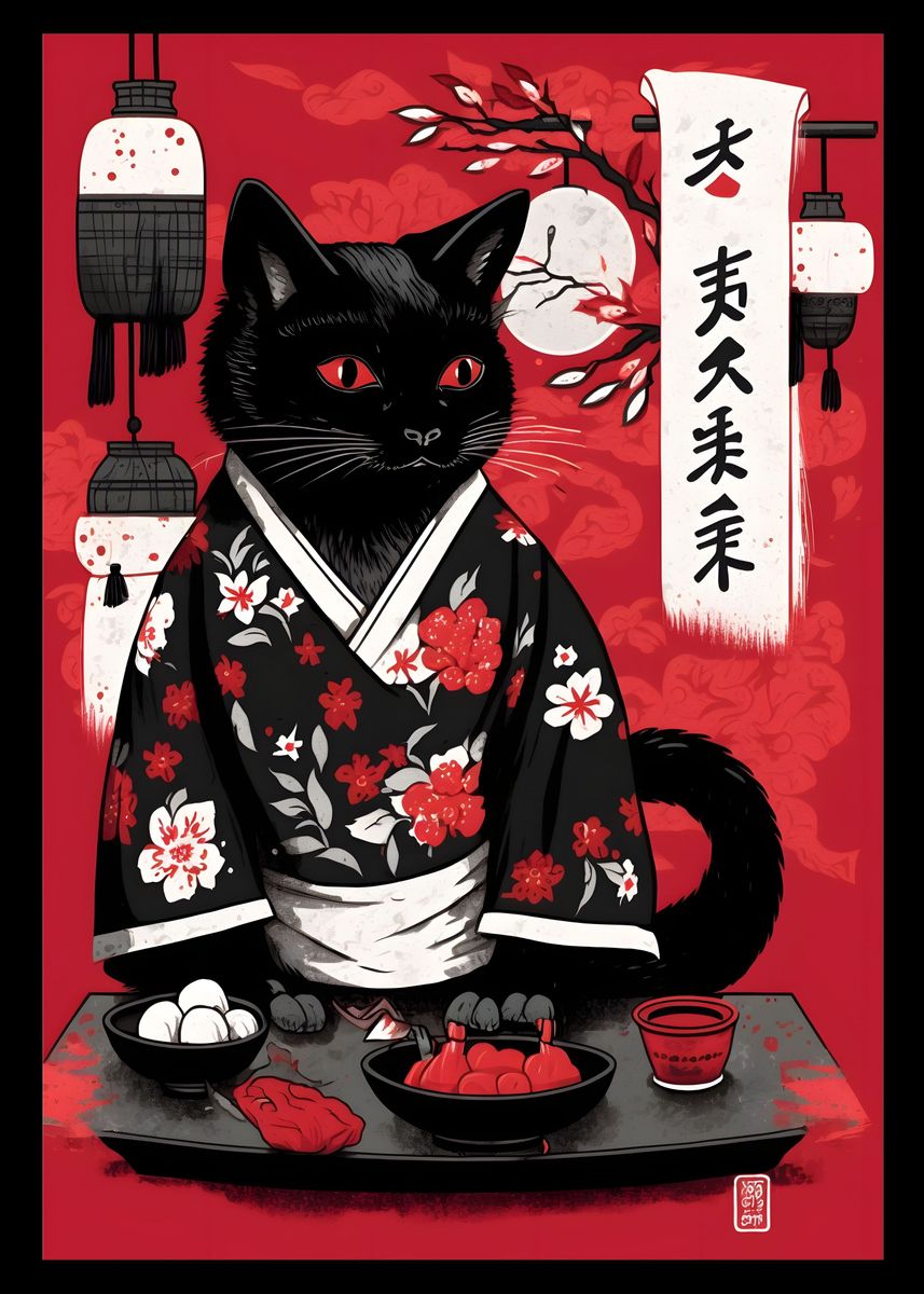 'Japanese Cat Kimono' Poster, picture, metal print, paint by Yess ...
