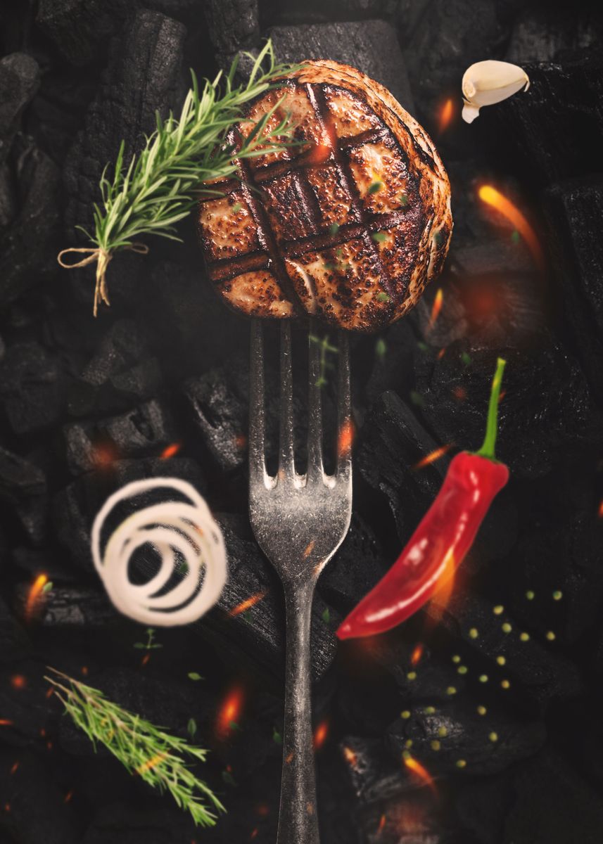'Charcoal grilled meat' Poster, picture, metal print, paint by Stefan ...