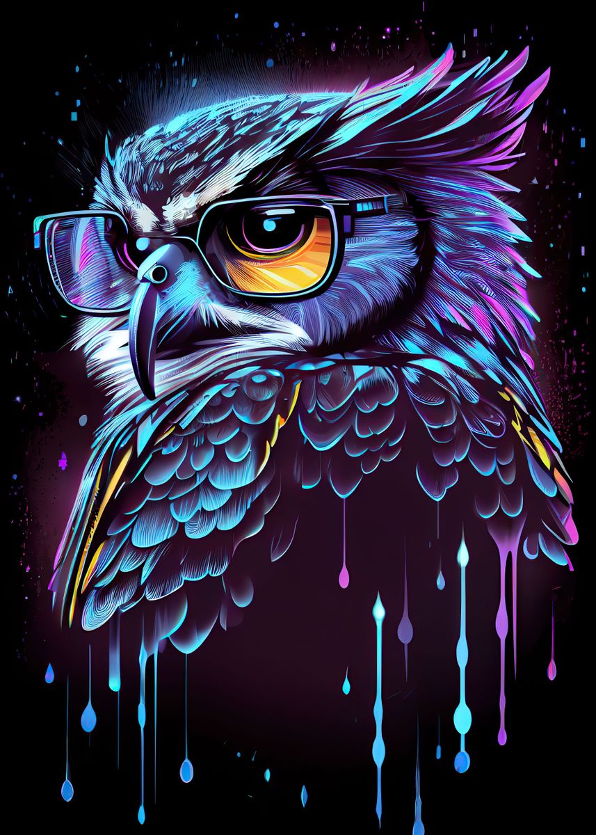 'Owl Neon ' Poster, picture, metal print, paint by Sohail Rees | Displate