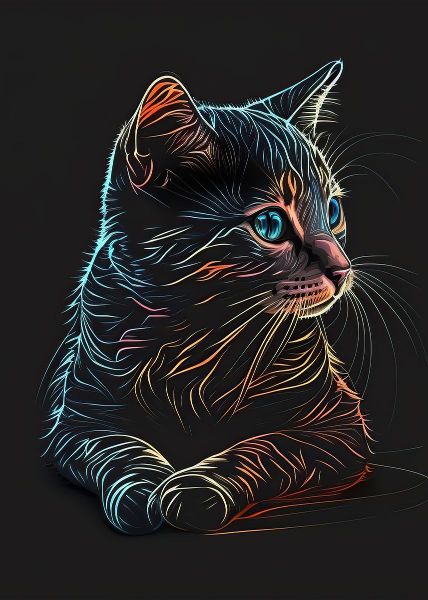 'Neon cat ' Poster, picture, metal print, paint by Ahmet Thorpe | Displate