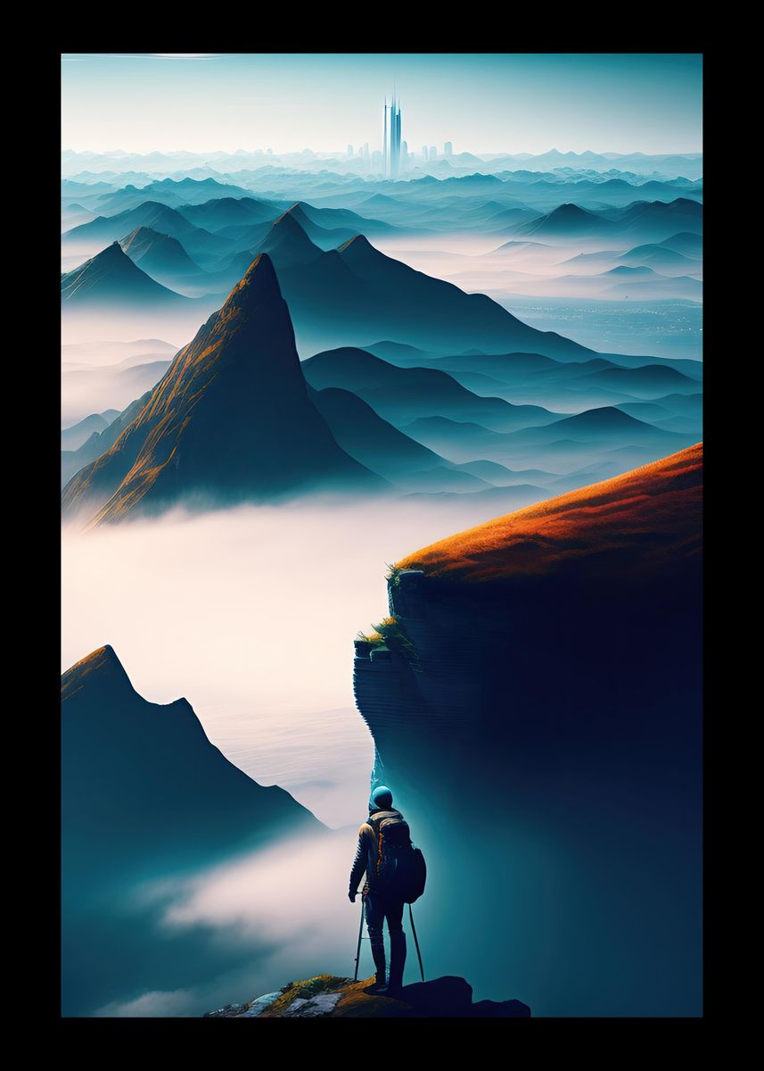 'Hiking On Steep Mountain' Poster, picture, metal print, paint by ...