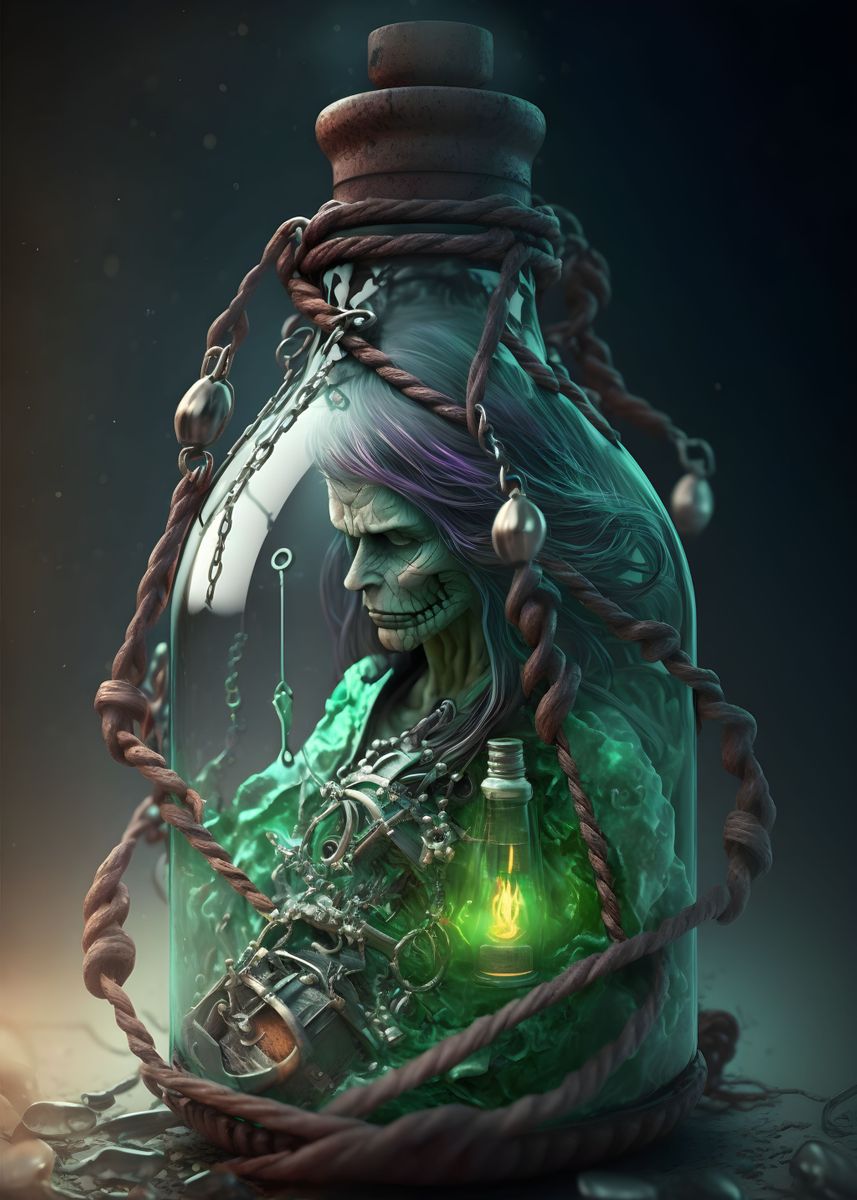 'Captured witch in a bottle' Poster, picture, metal print, paint by AI ...