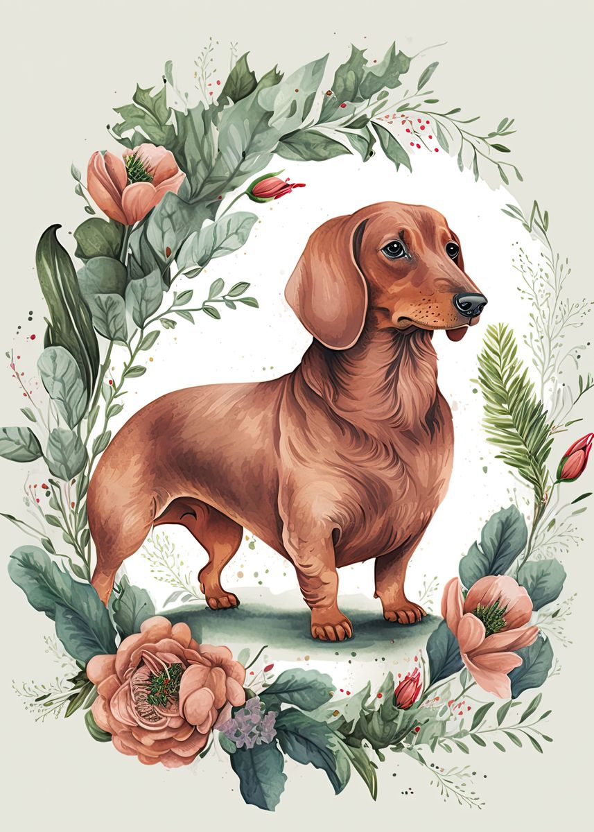 'Dachshund Floral Portrait' Poster, picture, metal print, paint by PetPrints | Displate