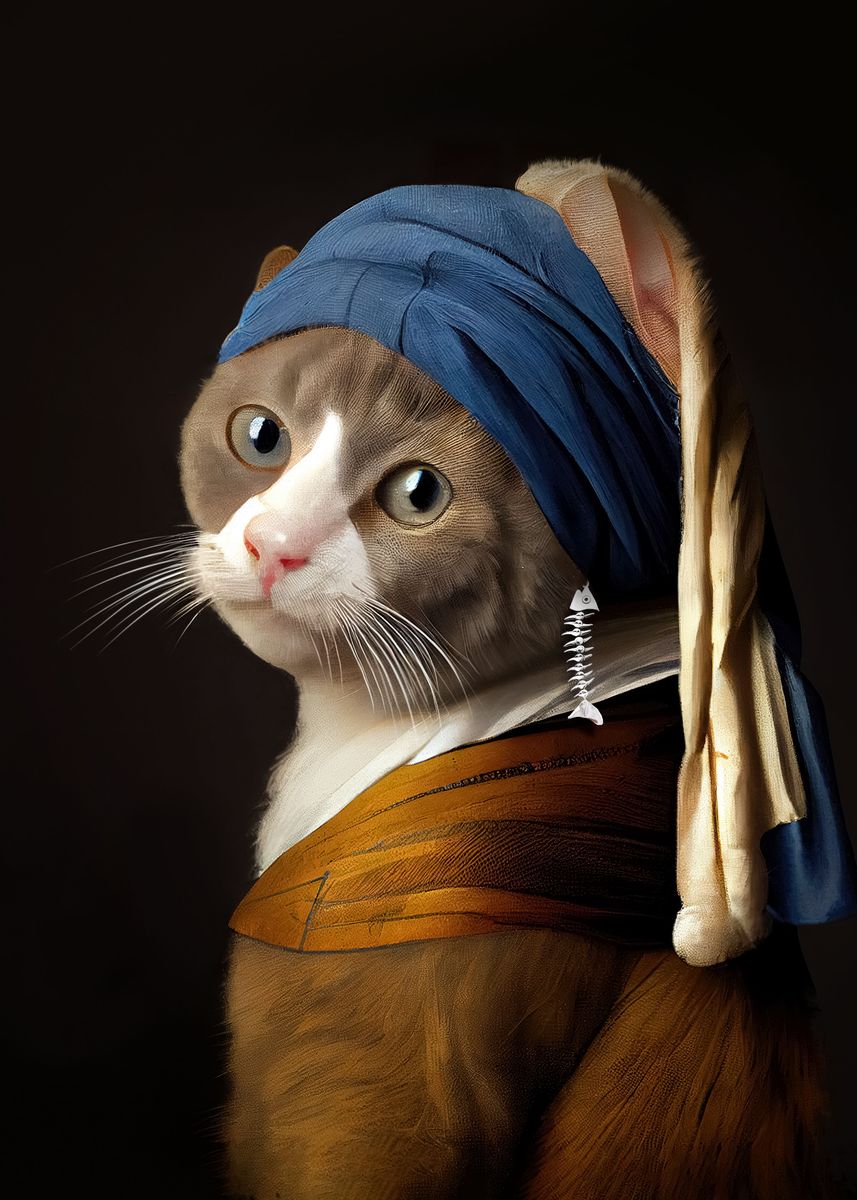 'The Cat With Fish Earring' Poster, picture, metal print, paint by Bruno Macedo | Displate