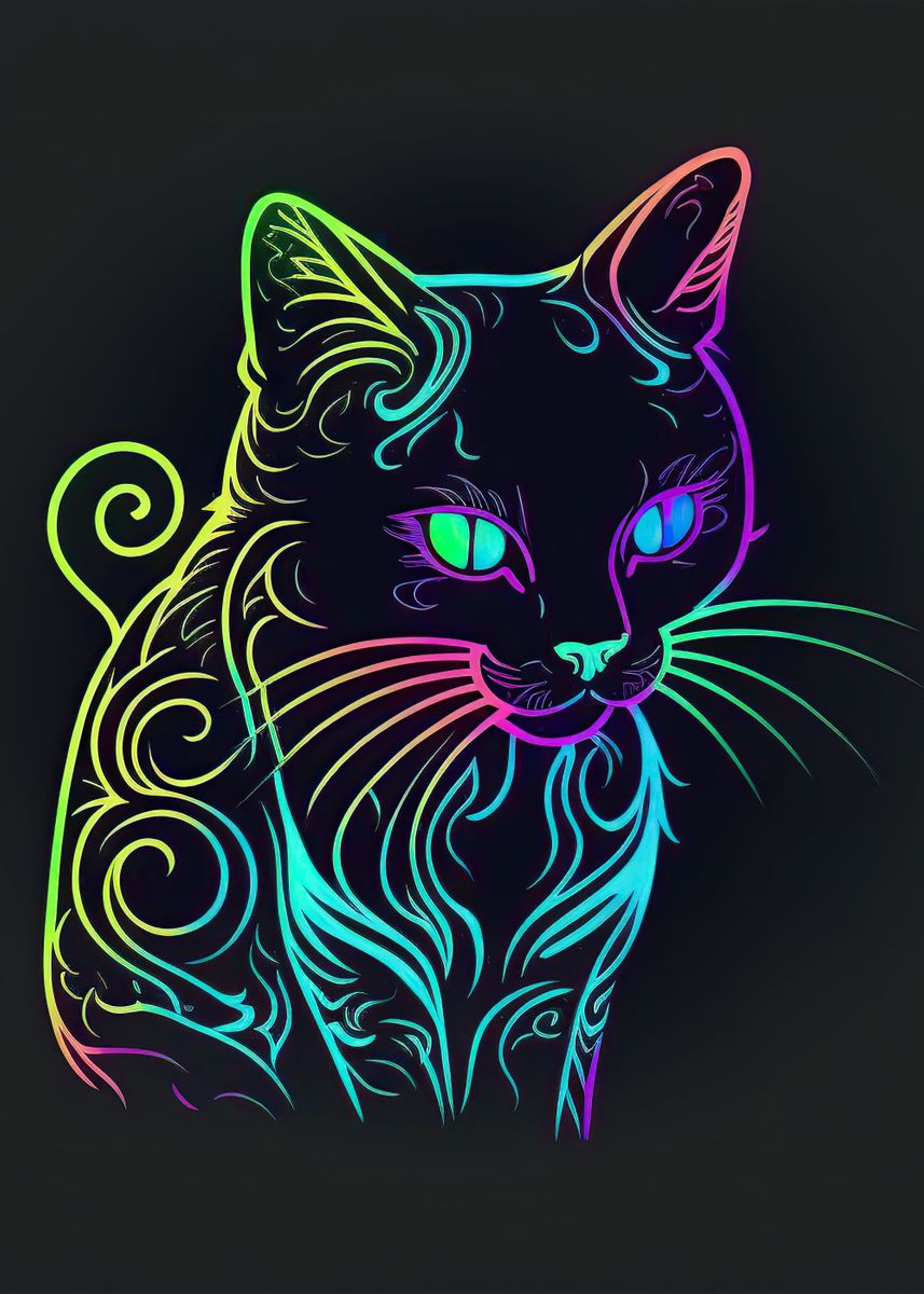 'Neon cat ' Poster, picture, metal print, paint by Ahmet Thorpe | Displate