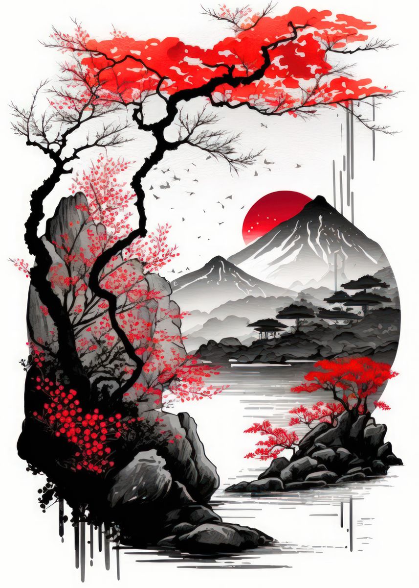 'Red Black Landscape View' Poster, picture, metal print, paint by Usama ...