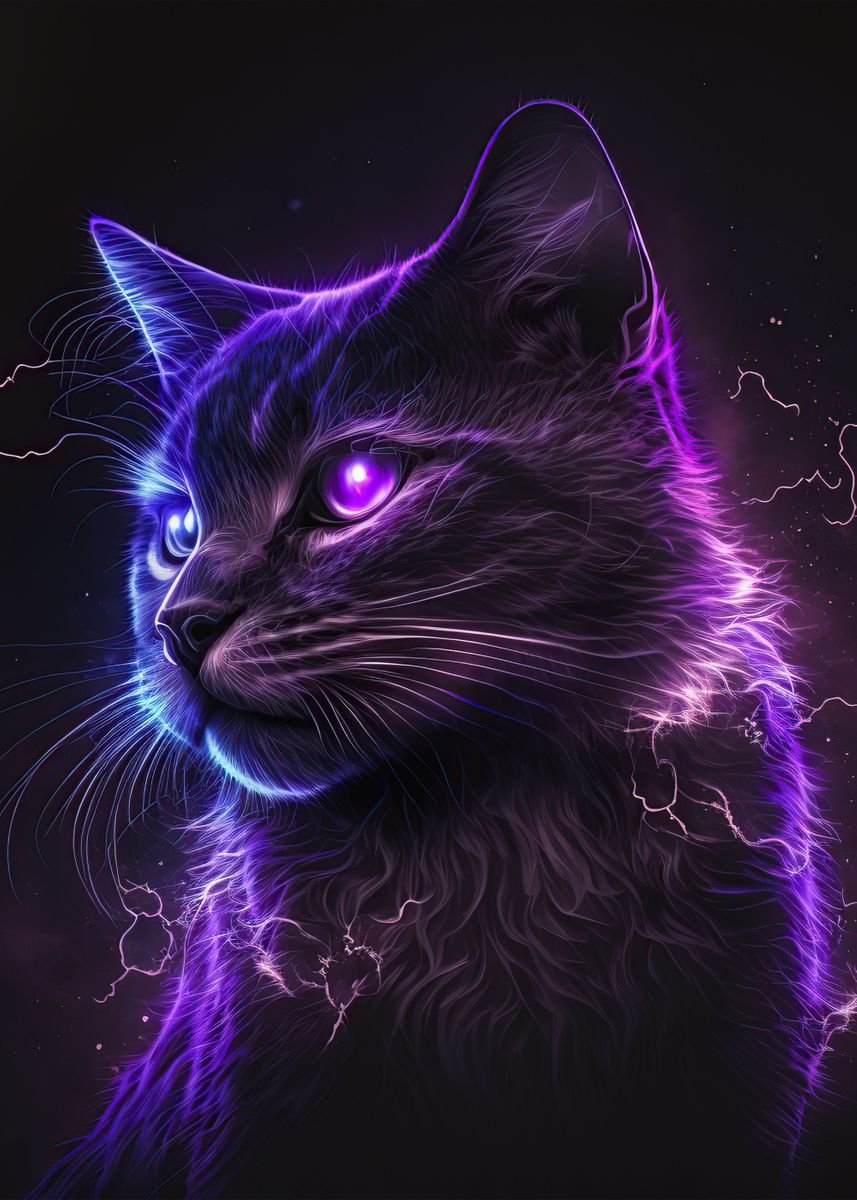 'Neon cat ' Poster, picture, metal print, paint by Ahmet Thorpe | Displate