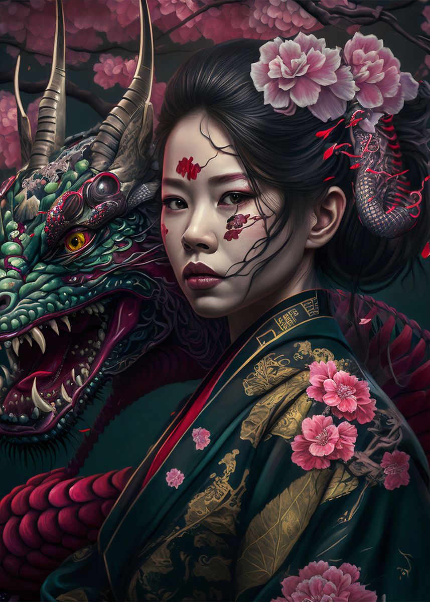 'Geisha Dragon' Poster, picture, metal print, paint by Graphic Japanese ...