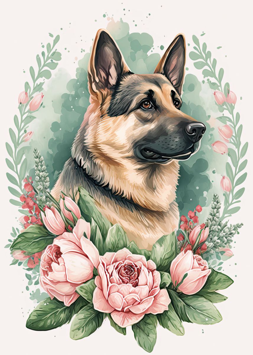 'German Shepherd Floral' Poster, picture, metal print, paint by PetPrints | Displate