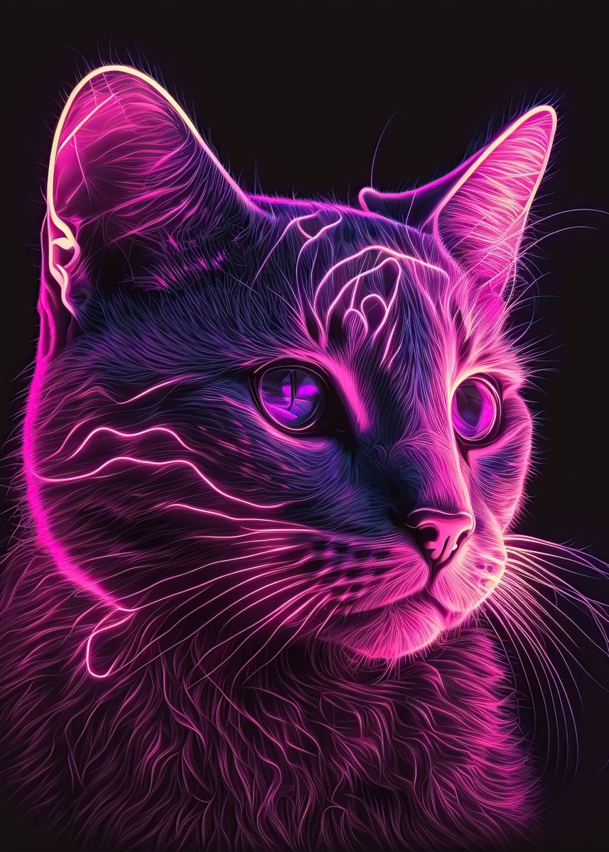 'Neon cat ' Poster, picture, metal print, paint by Ahmet Thorpe | Displate