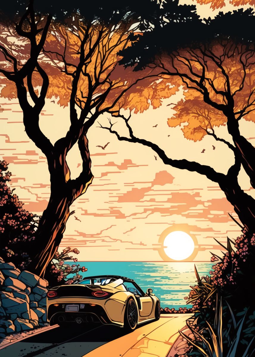 'Sport Car Mountain Sunset' Poster, picture, metal print, paint by ...