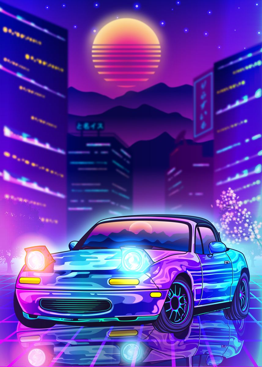 'MX5 Miata Synthwave City' Poster by Ilhamqrov | Displate