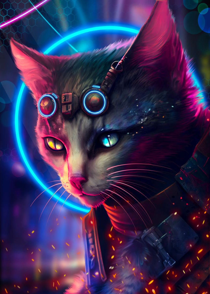 'cat cyberpunk' Poster, picture, metal print, paint by sinnois | Displate