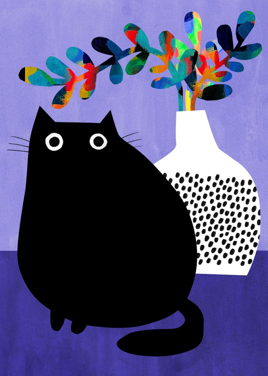 'Black Cat on Periwinkle' Poster by Angie Rozelaar | Displate