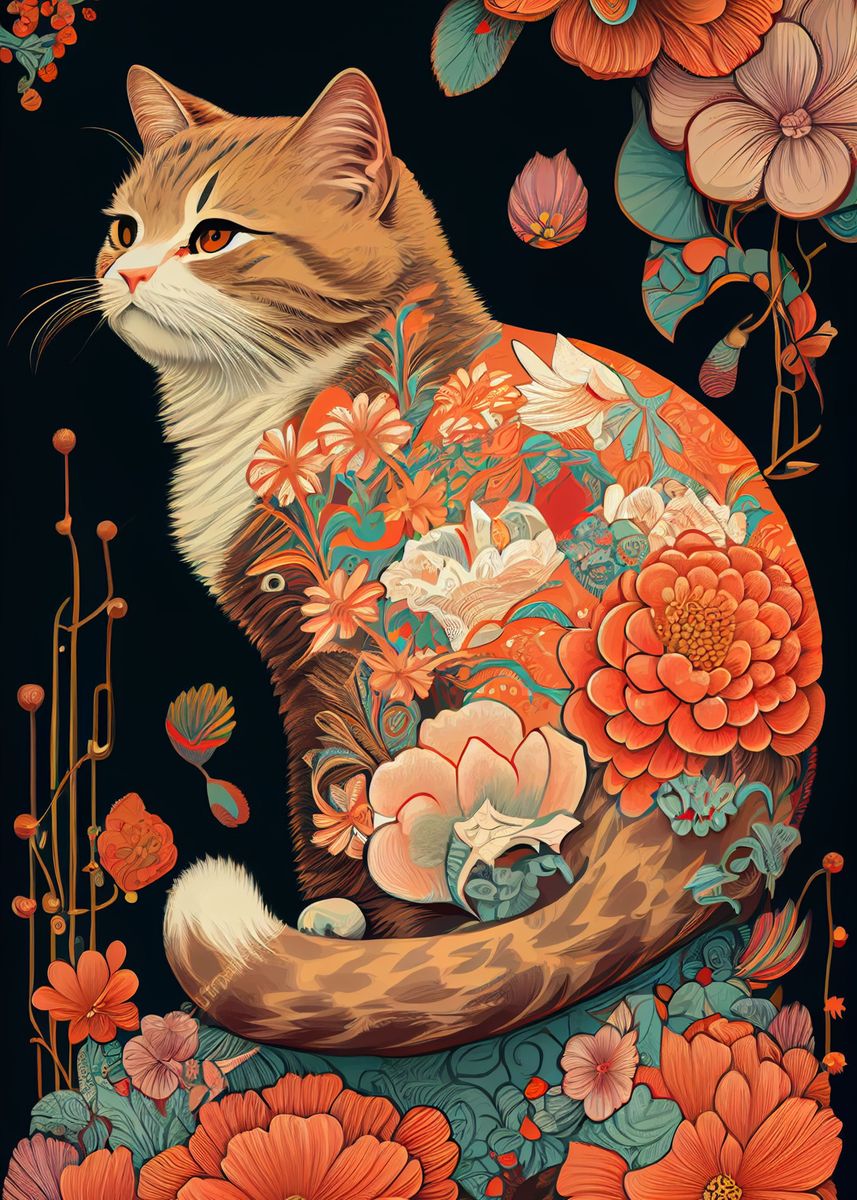 'Japanese Cat Flower' Poster by FavoritePlates | Displate