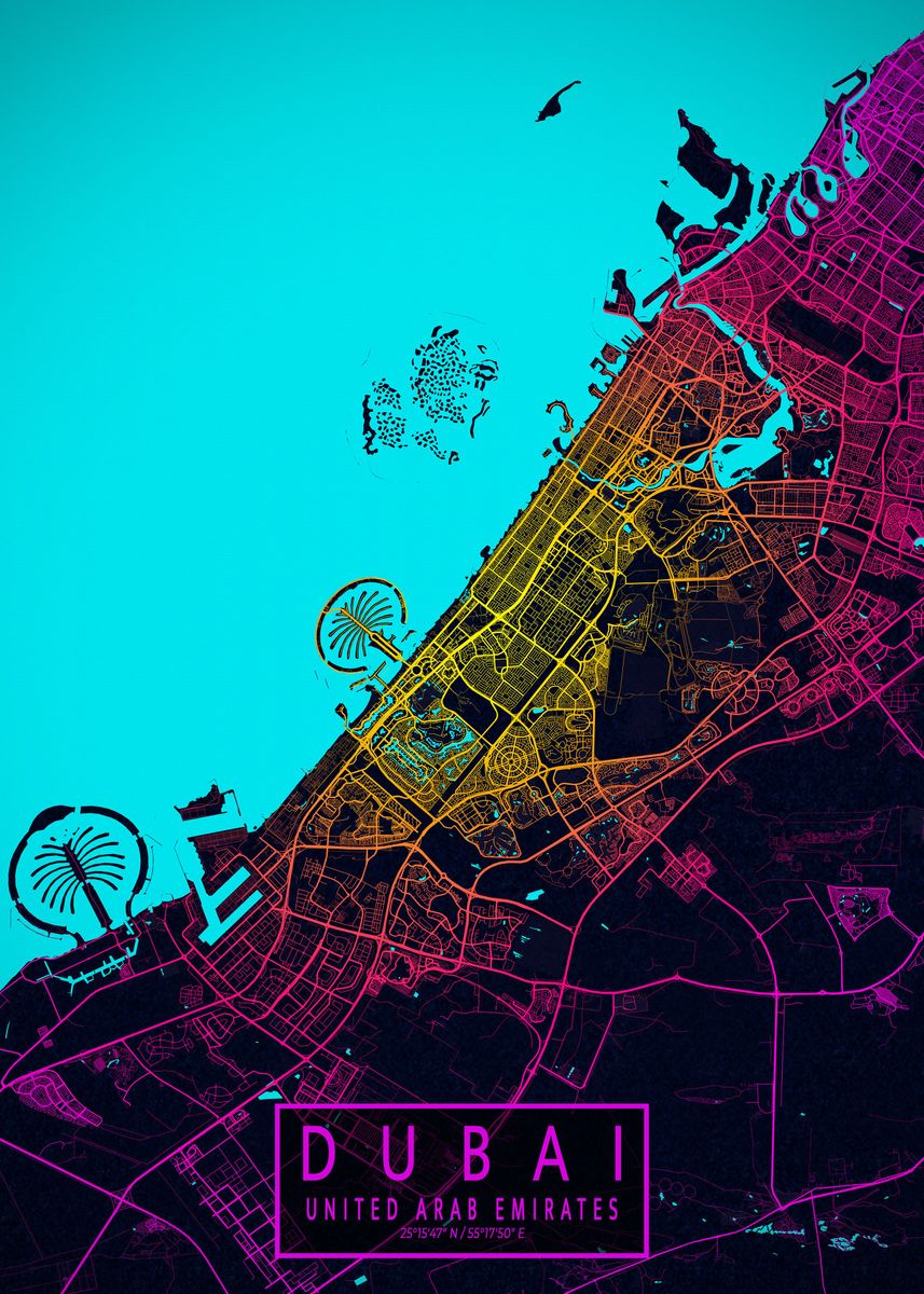 'Dubai City Map Neon' Poster, picture, metal print, paint by deMAP ...