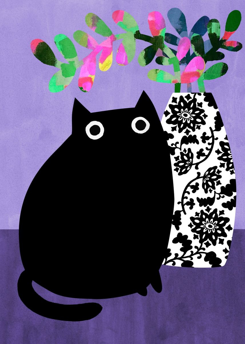 'Black Cat on Lilac' Poster, picture, metal print, paint by Angie ...