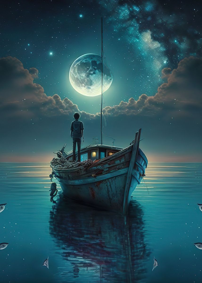 'Landscape Boat Moon' Poster, picture, metal print, paint by ...