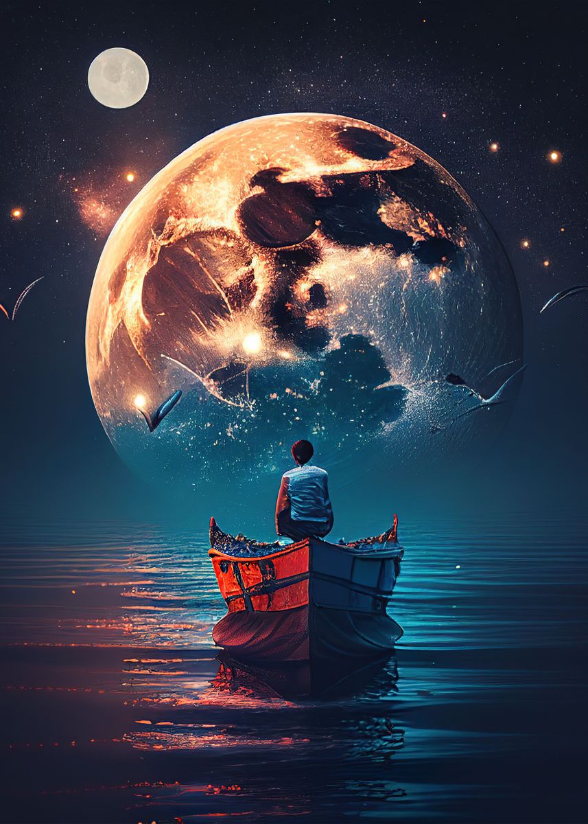 'Landscape Boat Moon' Poster, picture, metal print, paint by ...