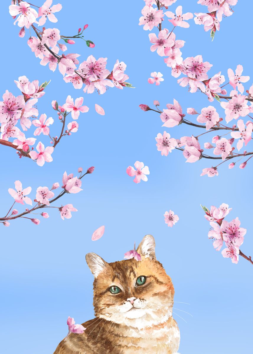 'Cherry Blossom and cat' Poster, picture, metal print, paint by ...