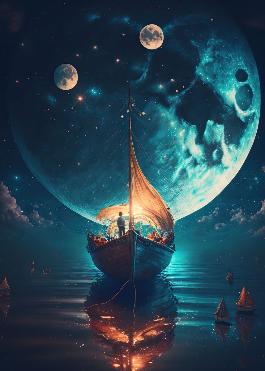 'Landscape Boat Moon' Poster, picture, metal print, paint by ...