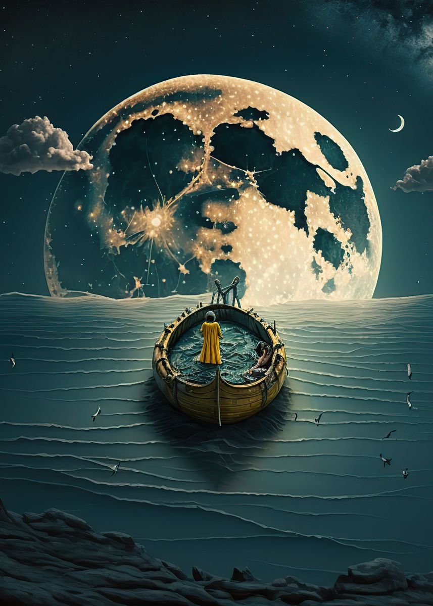 'Landscape Boat Moon' Poster, picture, metal print, paint by ...