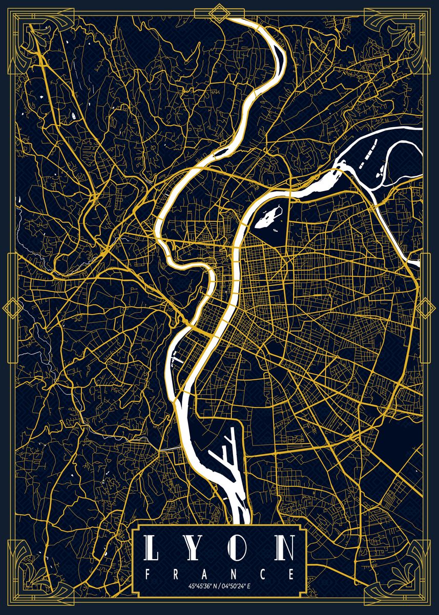 'Lyon France City Map Gold' Poster, picture, metal print, paint by ...