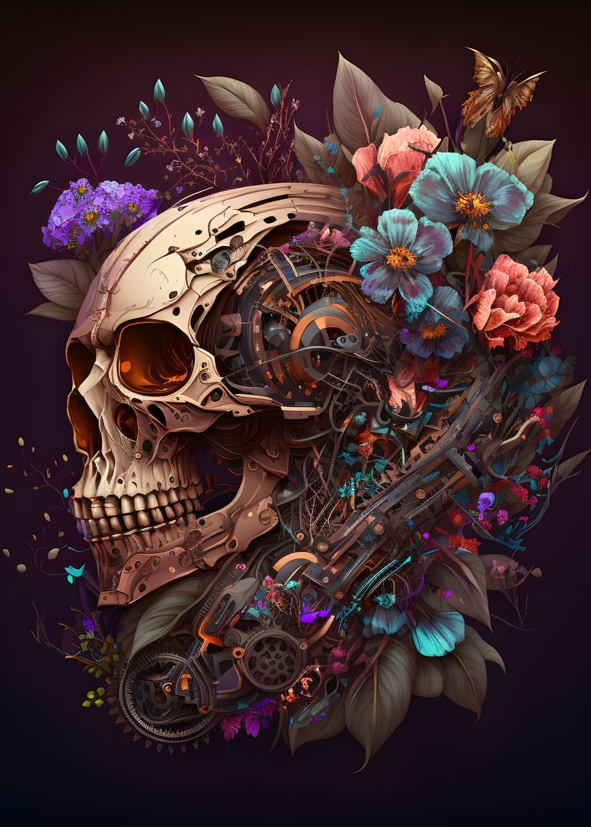 'Flowers and Scull' Poster, picture, metal print, paint by AI and ME ...