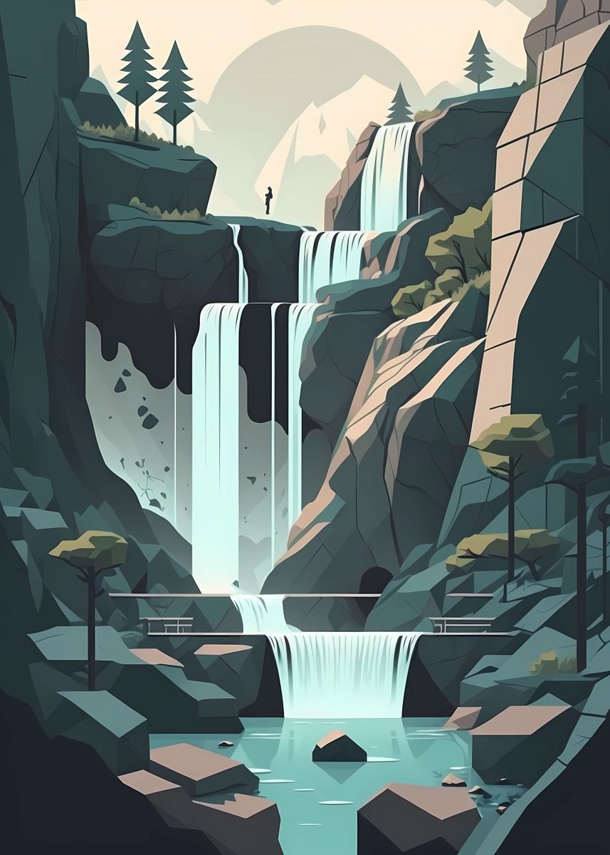 'Flat Design Waterfall' Poster, picture, metal print, paint by Epsilite ...