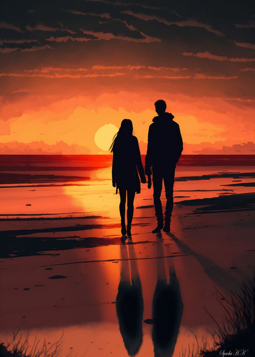 'Love shadows on the beach' Poster, picture, metal print, paint by Symba | Displate