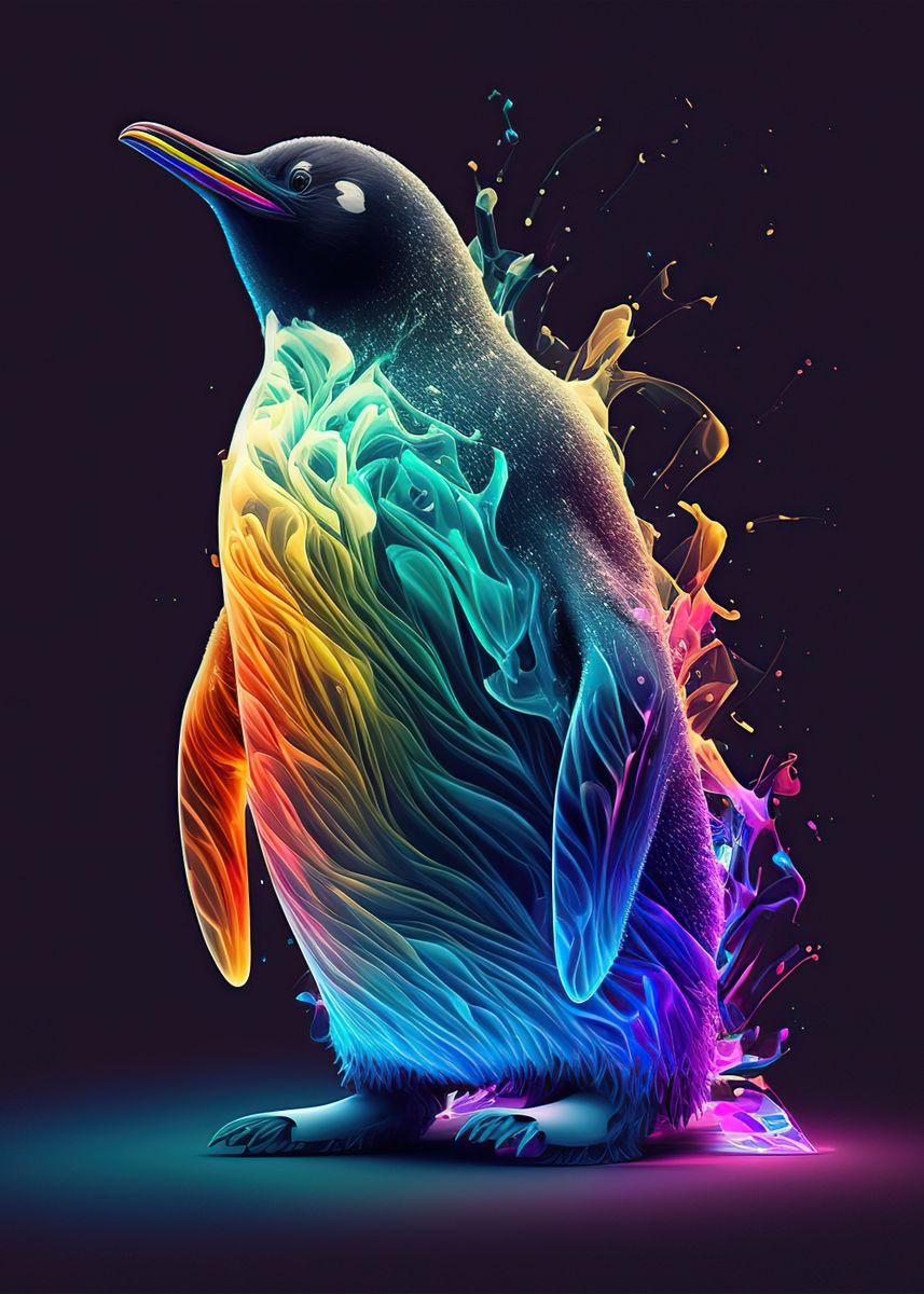'penguin neon' Poster, picture, metal print, paint by Sohail Rees ...