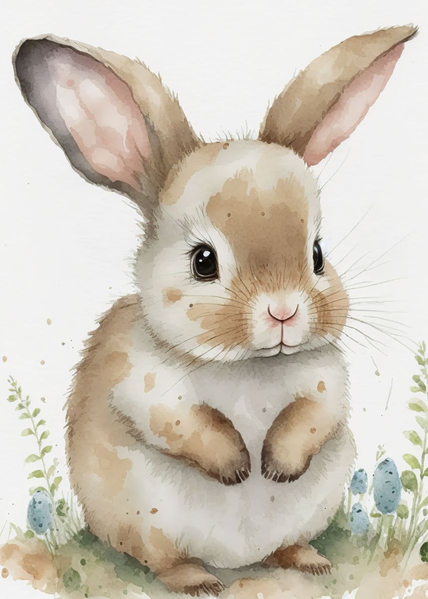 'watercolor cute rabbit' Poster, picture, metal print, paint by ...