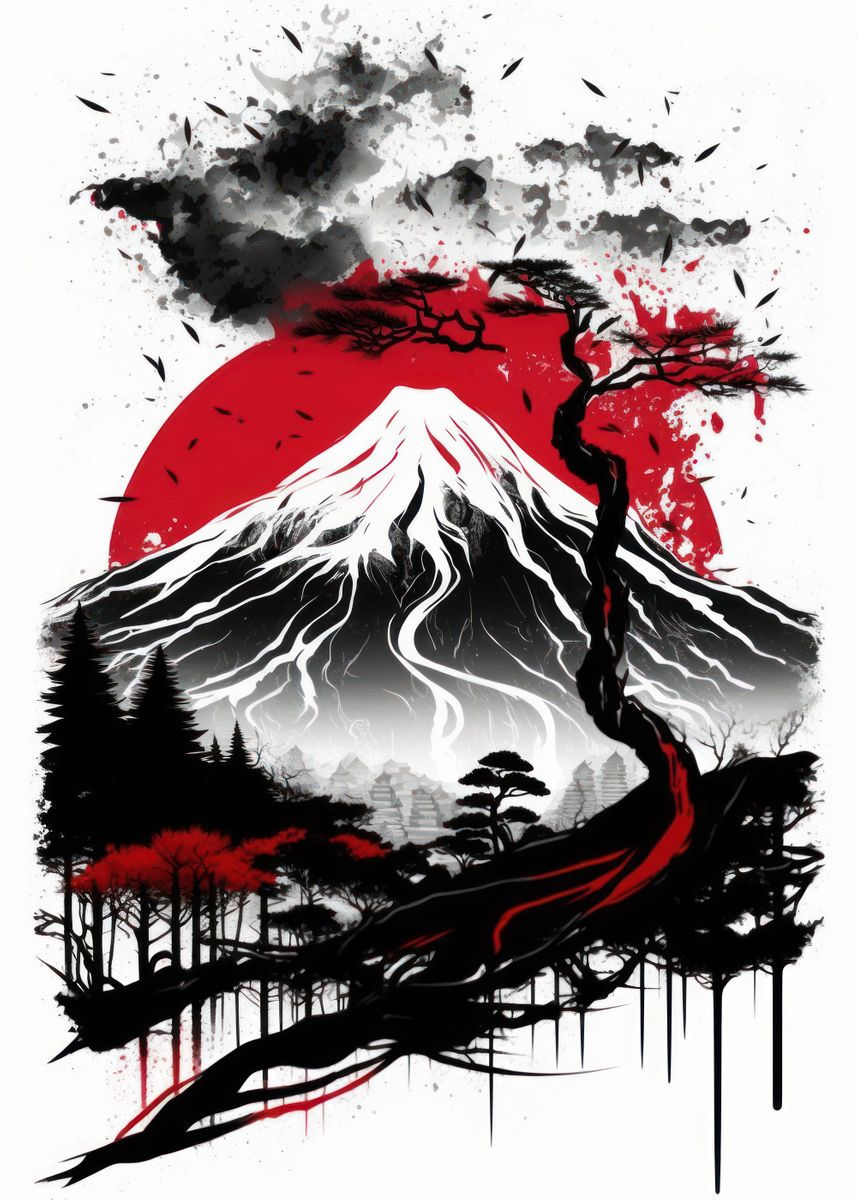 'Red and Black Fuji' Poster, picture, metal print, paint by Usama ...