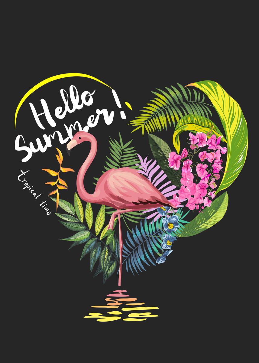 'flowers with flamingo' Poster, picture, metal print, paint by Lloyd ...