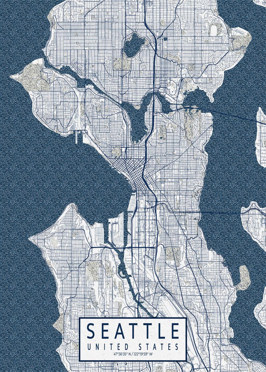 'Seattle City Map Coastal' Poster, picture, metal print, paint by deMAP ...