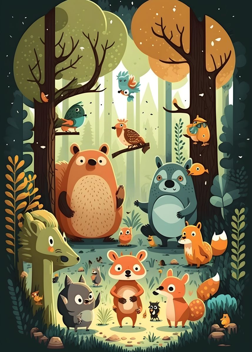 'Cute animals in the forest' Poster, picture, metal print, paint by ...