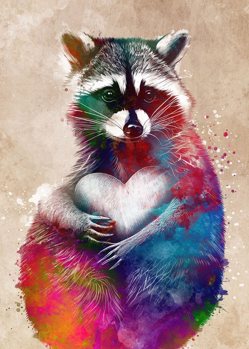 'Raccoon heart' Poster, picture, metal print, paint by JBJart Justyna ...