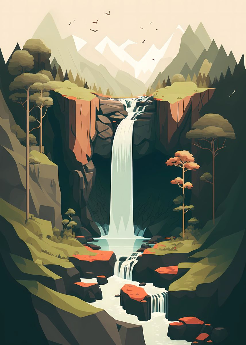 'Waterfall Landscape' Poster, picture, metal print, paint by Epsilite ...