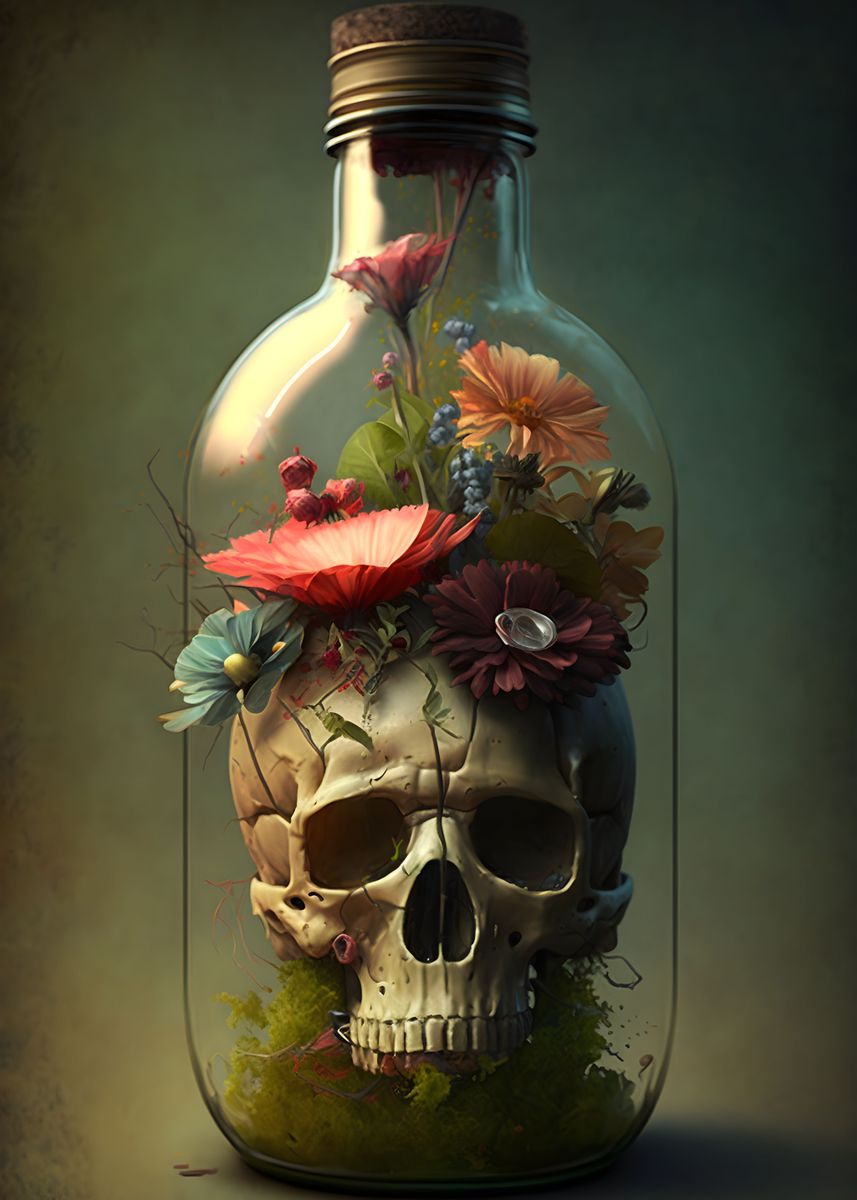 'Floral Scull in bottle' Poster, picture, metal print, paint by AI and ...